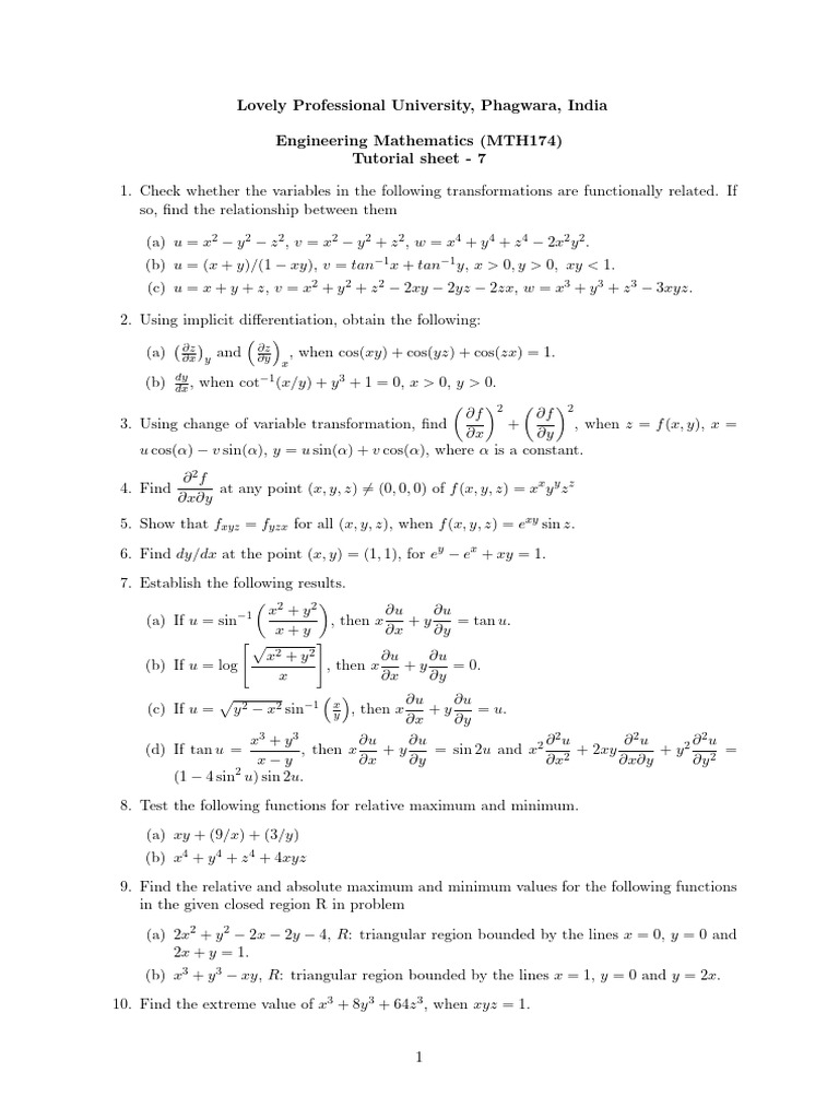 Tutorial Sheet 7multivariate Calculus | PDF | Mathematical Relations | Mathematical Logic