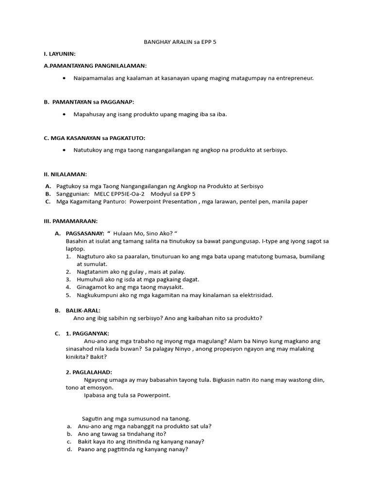 Banghay Aralin Sa Epp 5 3rd | PDF