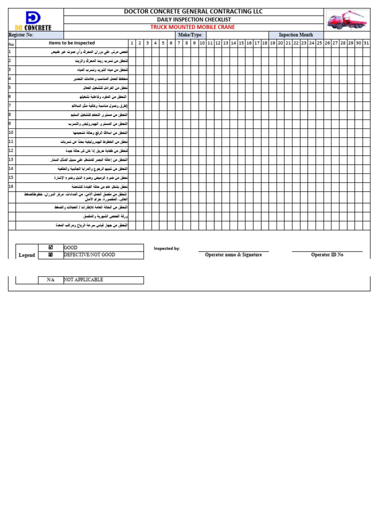 Daily Inspection Checklist-Truck Mounted Mobile Crane-Ar | PDF