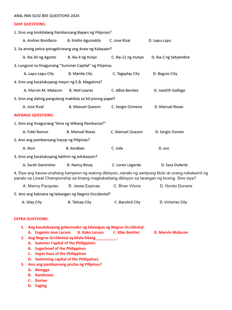 ARAL PAN QUIZ BEE QUESTIONS 2024 | PDF