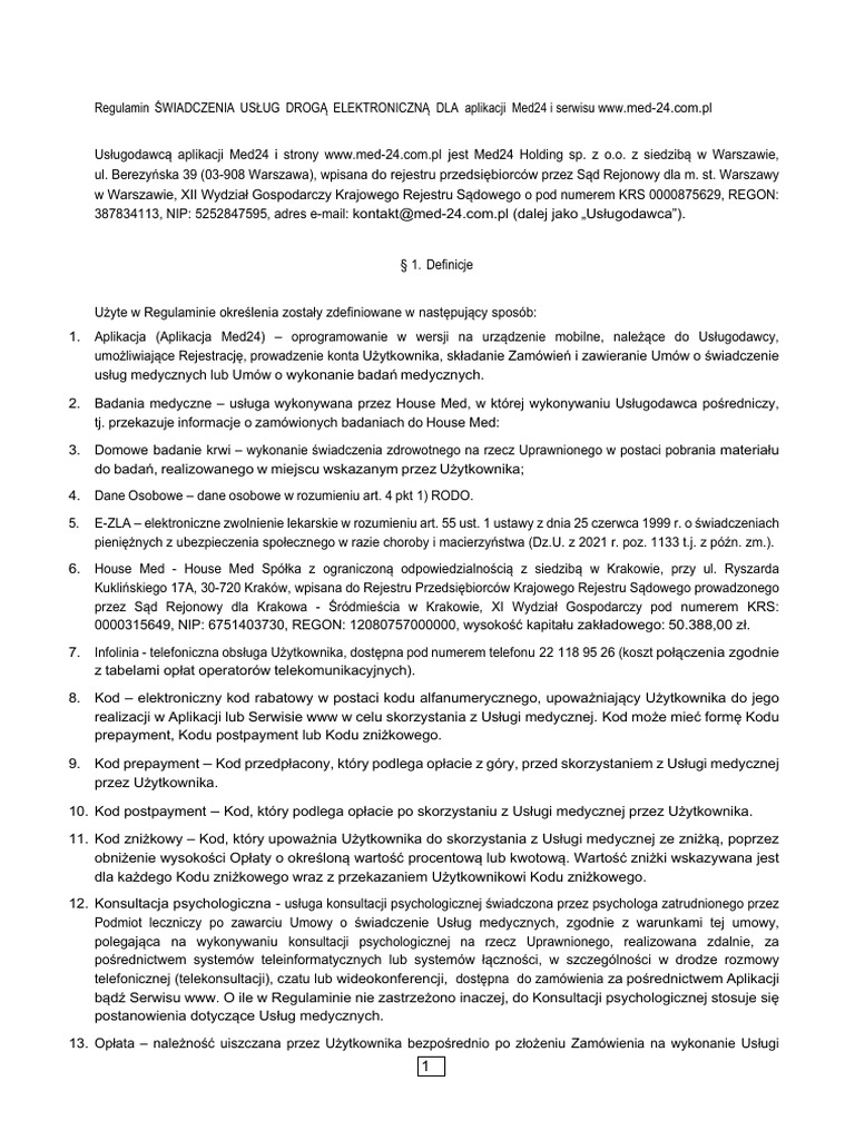 Med24 Regulamin | PDF