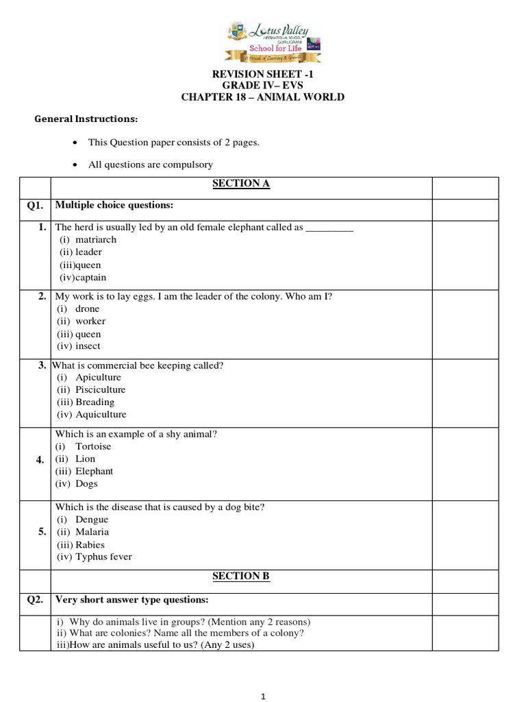 Grade 4 EVS Animal World Revision Sheet | PDF | Beekeeping | Beekeeper