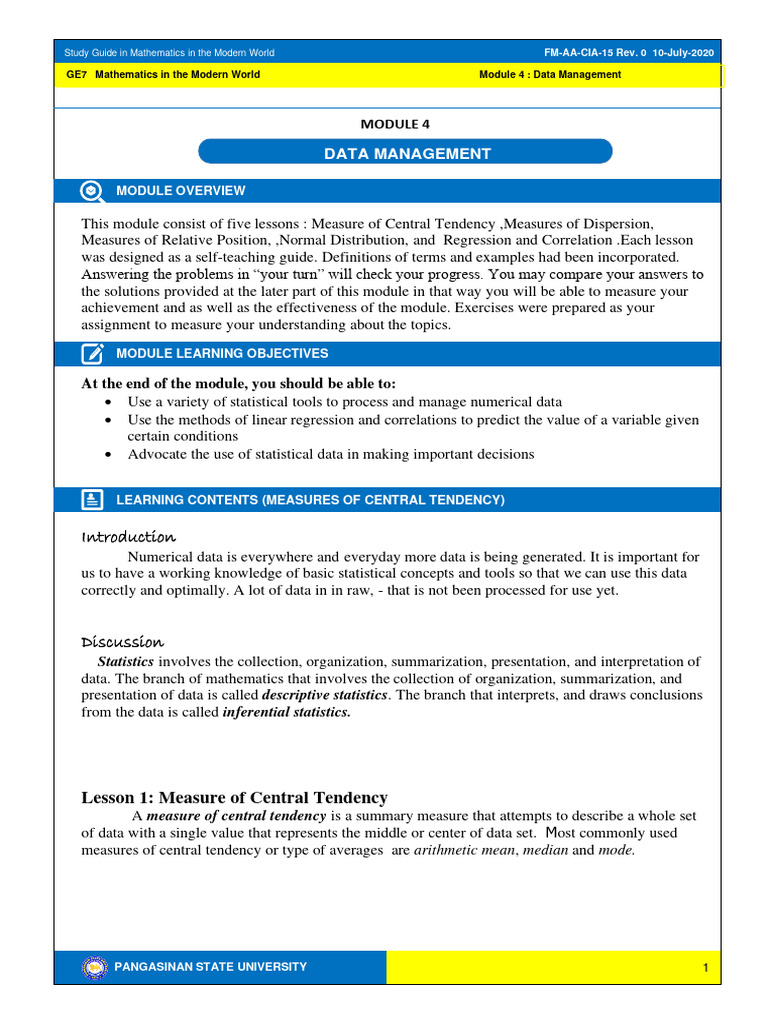 MMWModule - Chapter4 | PDF | Mean | Statistics