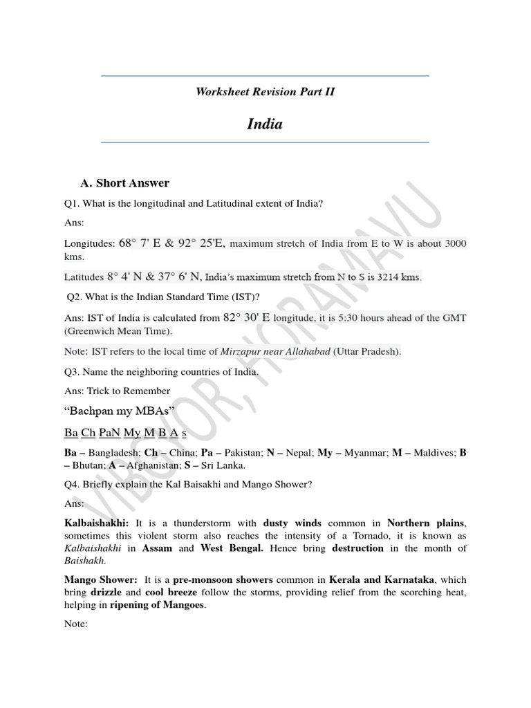 Geography Revison Worksheet - Solution Part II | PDF | Monsoon | Himalayas Geography Revison Worksheet - Solution Part II | PDF | Monsoon | Himalayas