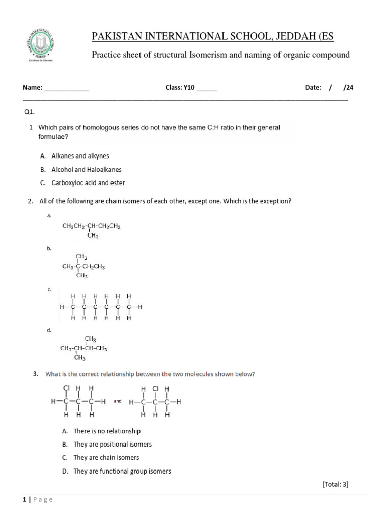 Isomers Worksheet | PDF