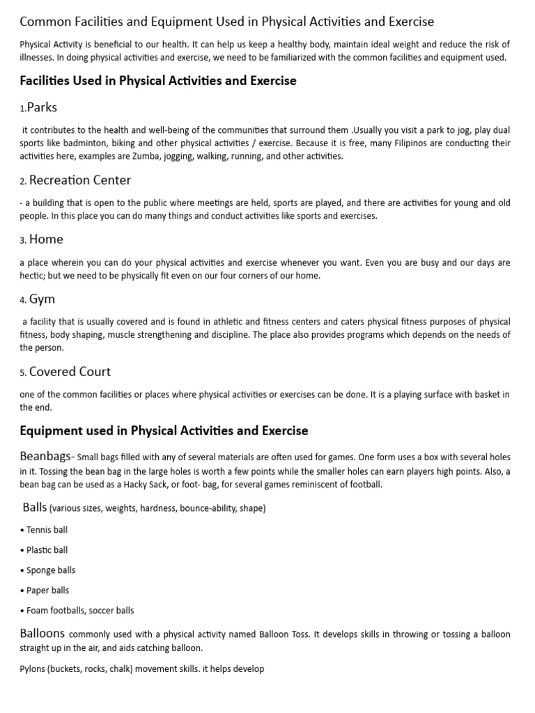 Common Facilities and Equipment for Exercise | PDF | Physical Fitness ...