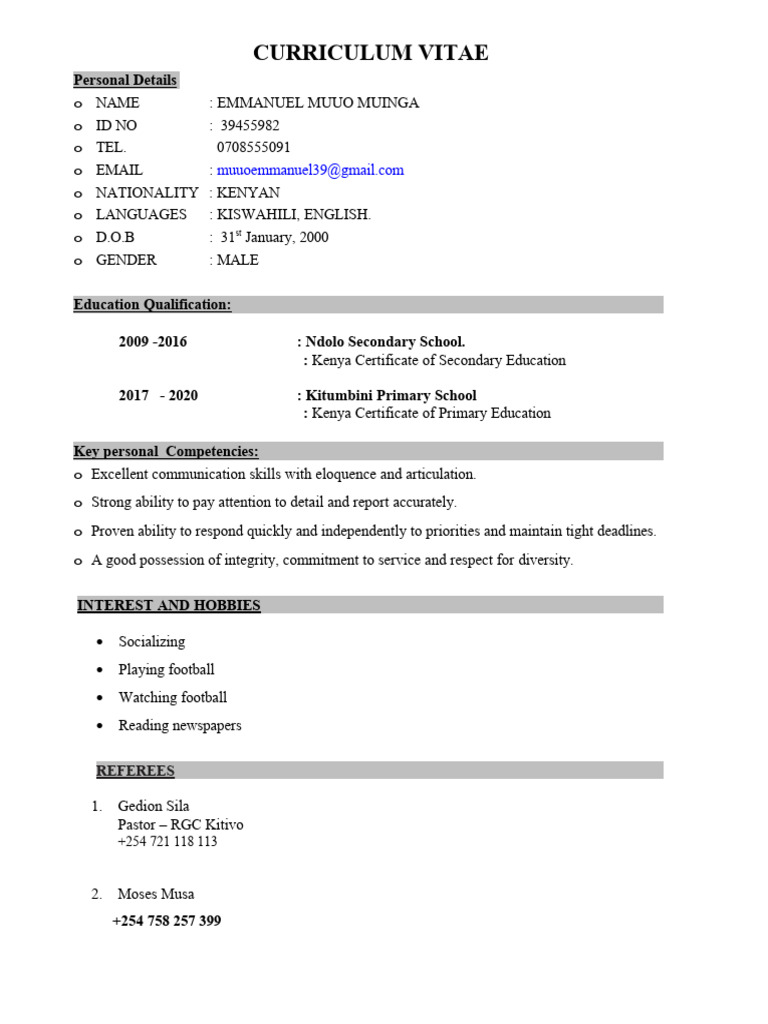 Nicholas Mutua - CV | PDF | Wellness