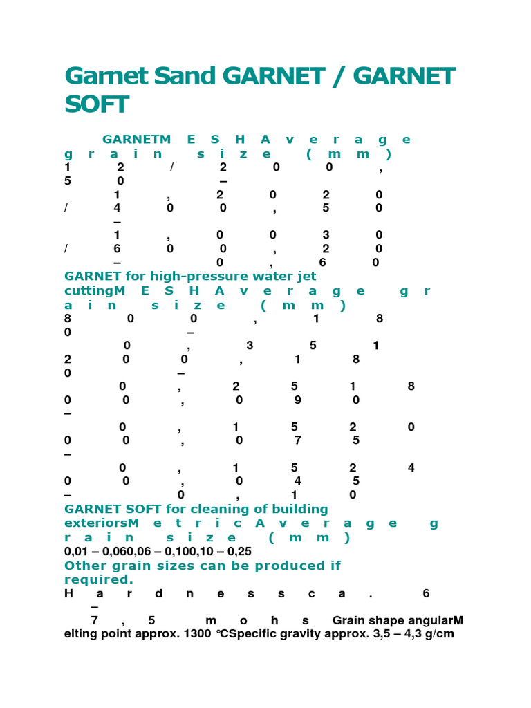 Garnet Sand GARNET / GARNET Soft: Available Sizes | PDF | Applied And Interdisciplinary Physics ...