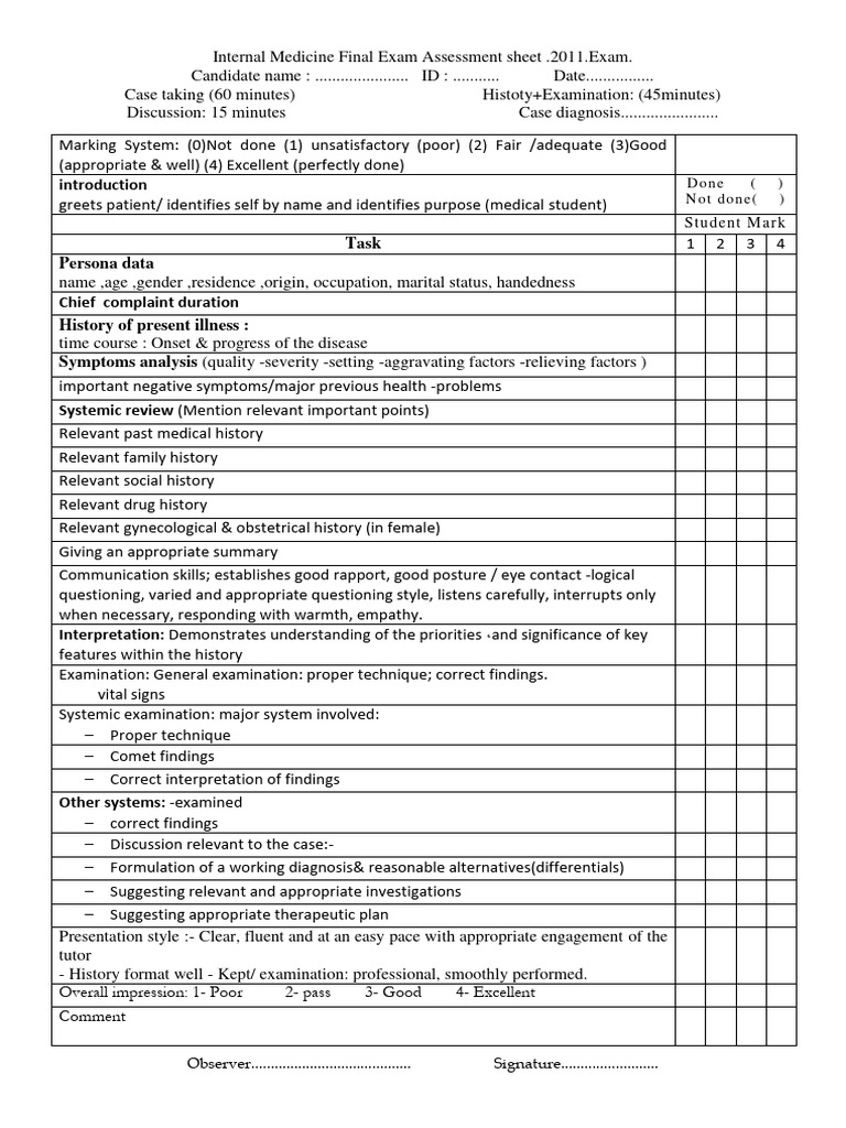 Internal Medicine Exam Assessment Sheet | PDF | Physical Examination ...