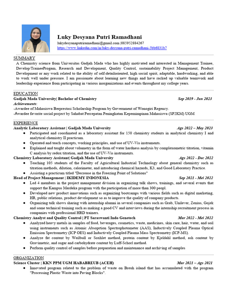 Cv-Luky Desyana Putri Ramadhani - TP B 6 | PDF | Chemistry | Physical Sciences