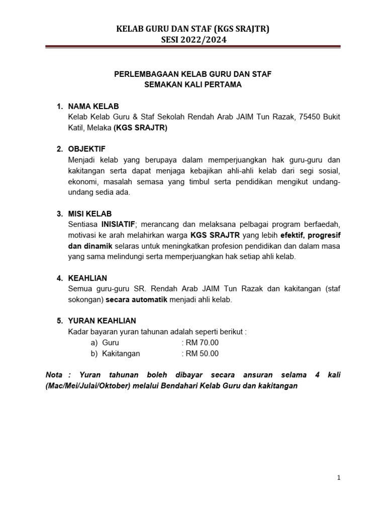 Perlembagaan Kelab Guru & Staff KGS SRAJTR | PDF