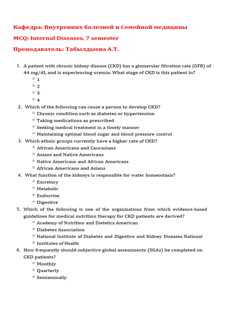 CKD MCQ Review for Medical Students | PDF | Self-Improvement | Wellness