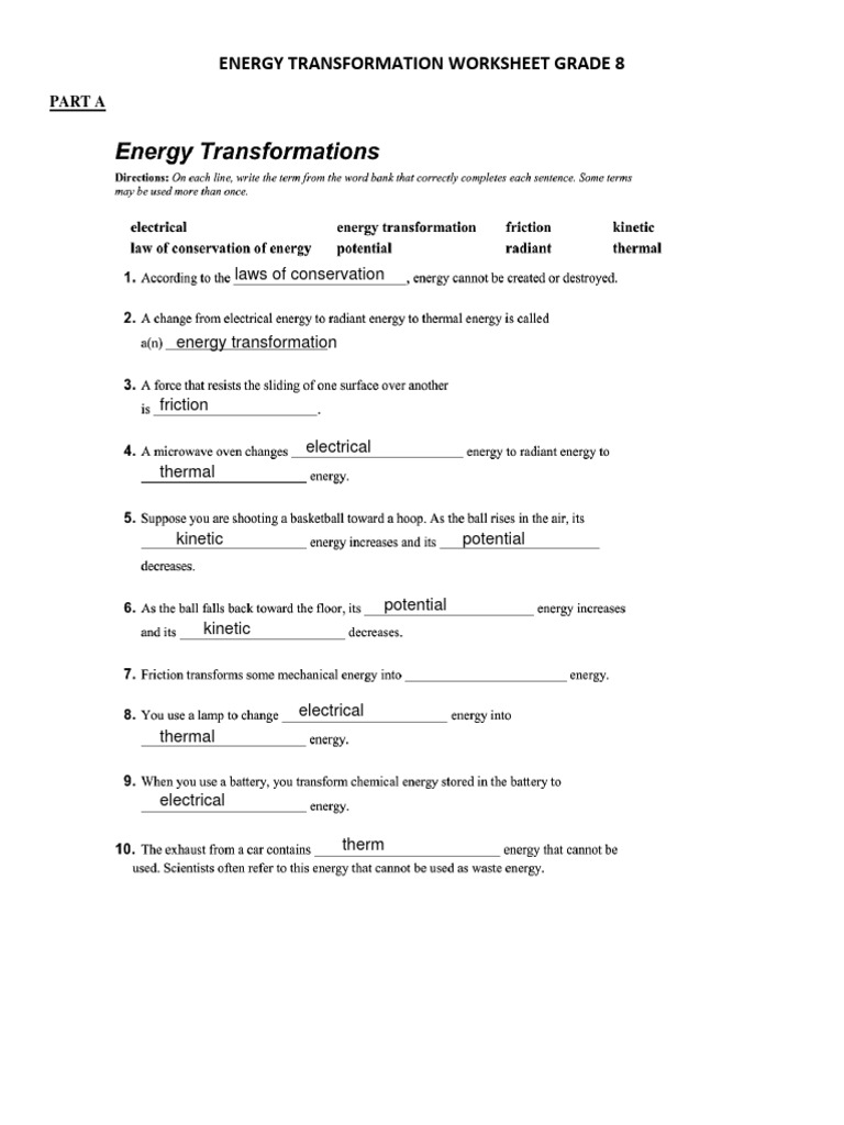 Grade 8 Energy Transformation Worksheet | PDF | Teaching Methods ...