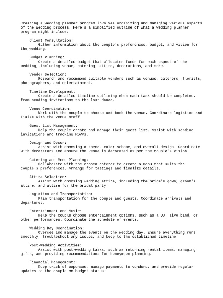 Wedding Planner Summary | PDF | Wedding | Marriage, Unions And Partnerships