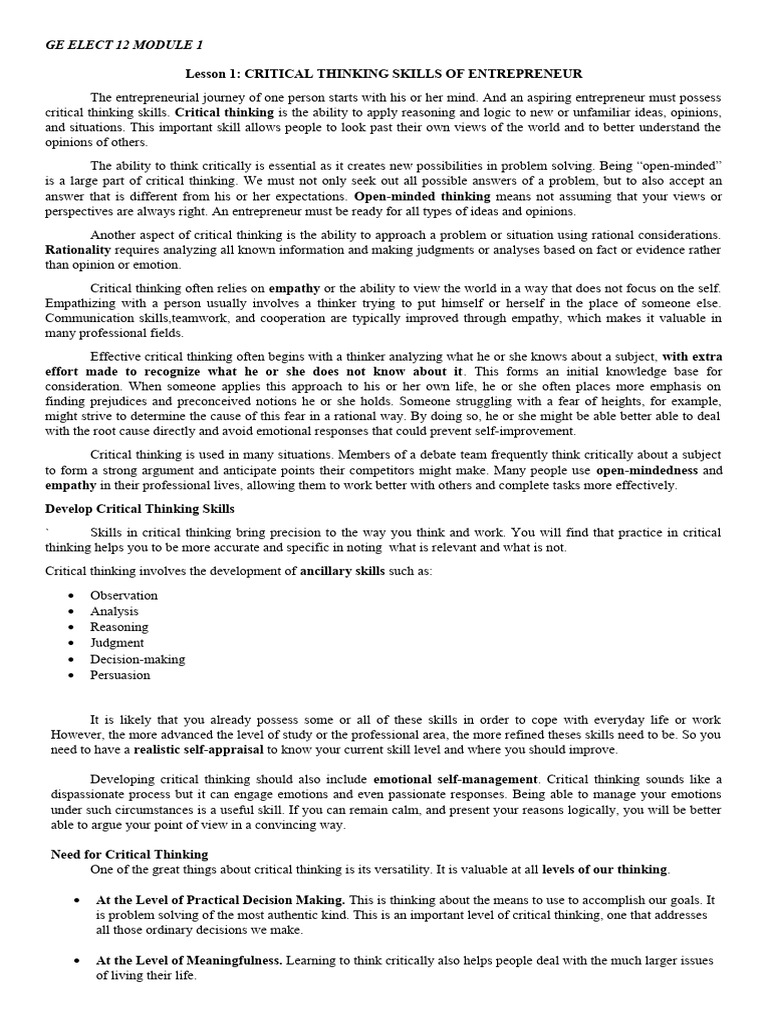 Entrep Mind Module 1 | PDF | Mindset | Critical Thinking