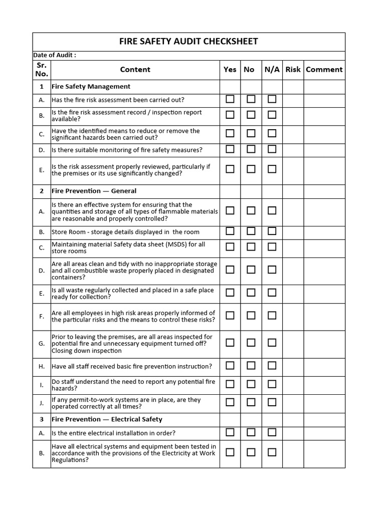 Fire Safety Audit Checksheet | PDF | Fire Safety | Fires
