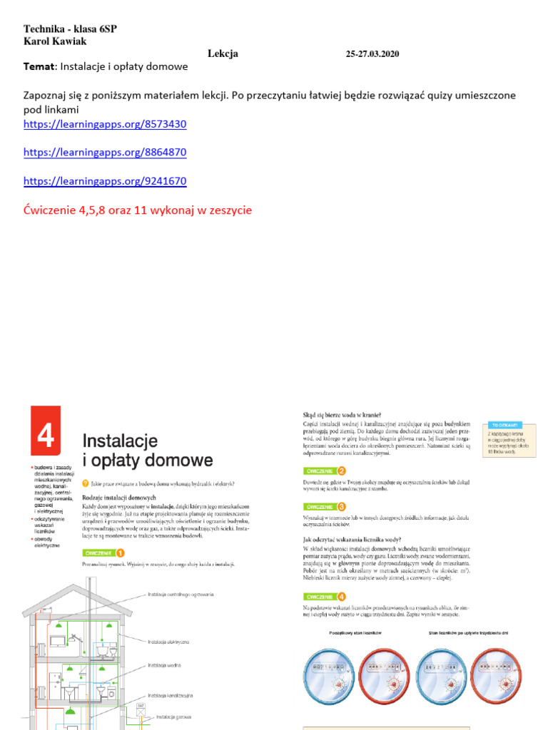 Technika Klasa 6 Instalacje I Opłaty Domowe | PDF