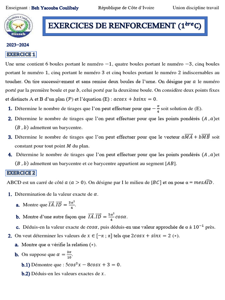 FICHE D'EXERCICE de Renforcement Maths 1ère C | PDF