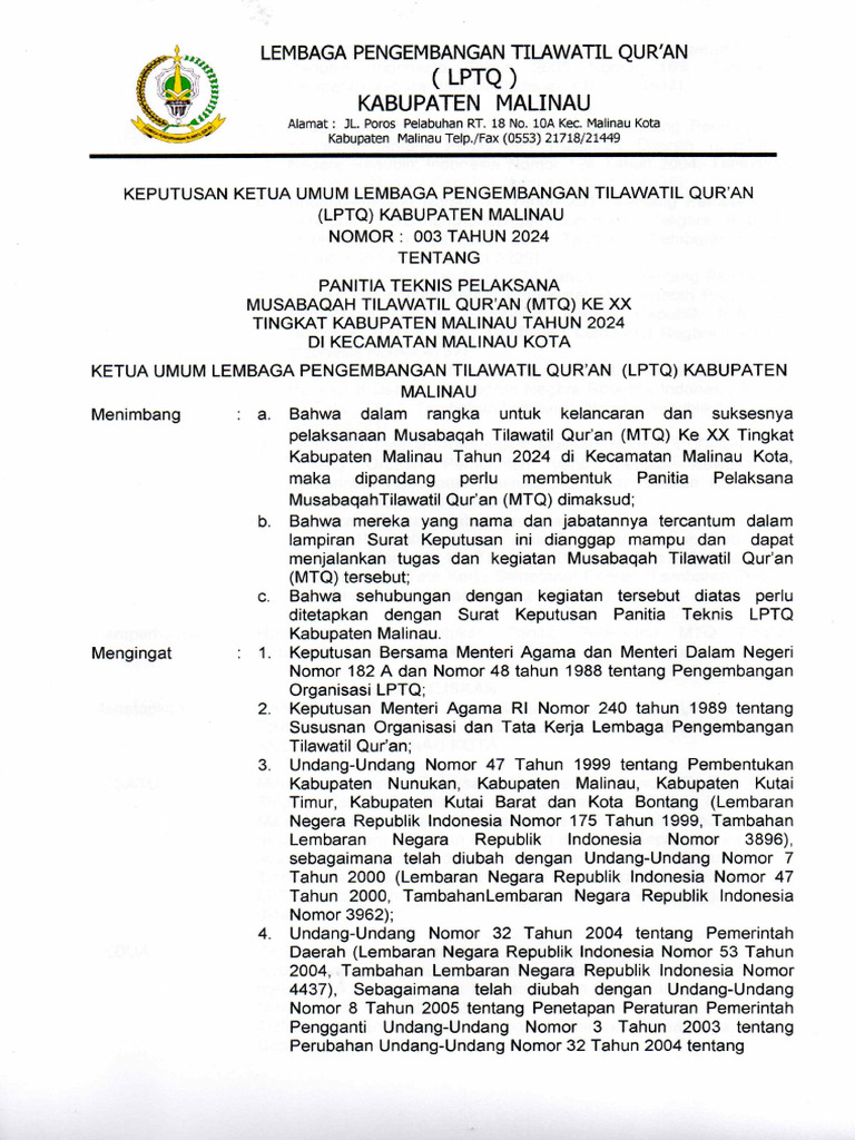 SK Panitia MTQ Tahun 2024 | PDF