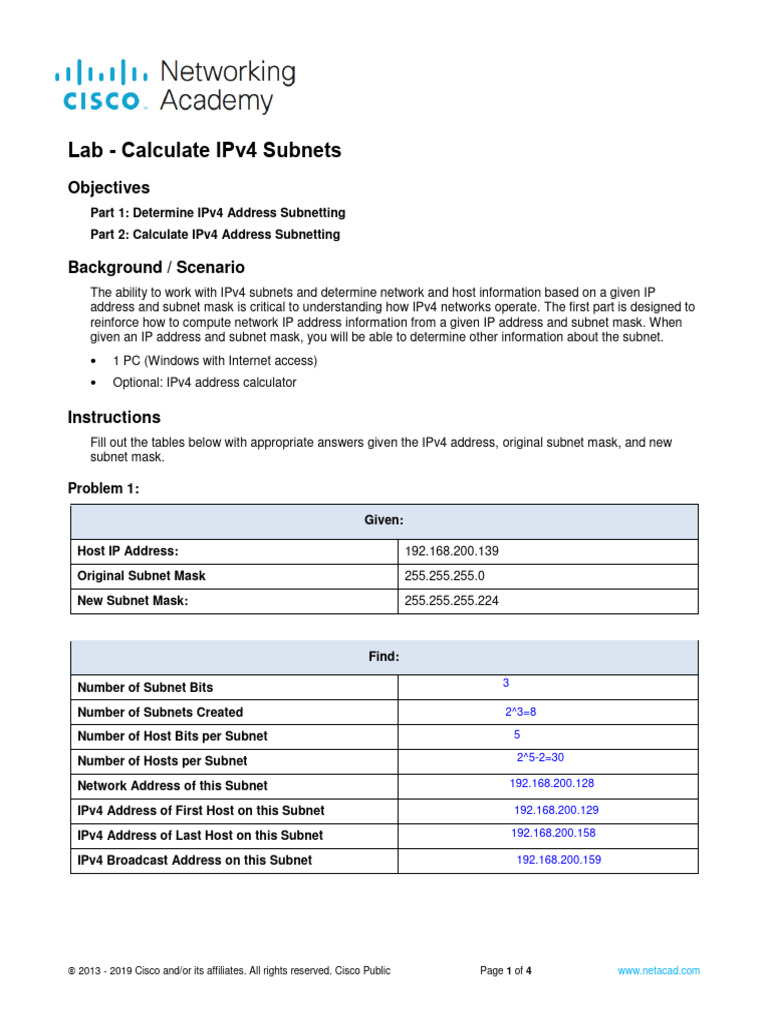 11.6.6 Lab - Calculate Ipv4 Subnets | PDF 11.6.6 Lab - Calculate Ipv4 Subnets | PDF