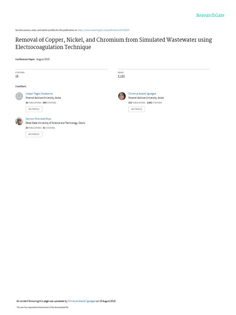 Removalof Copper Nickeland Chromium Wastewaterusing Electrocoagulation ...