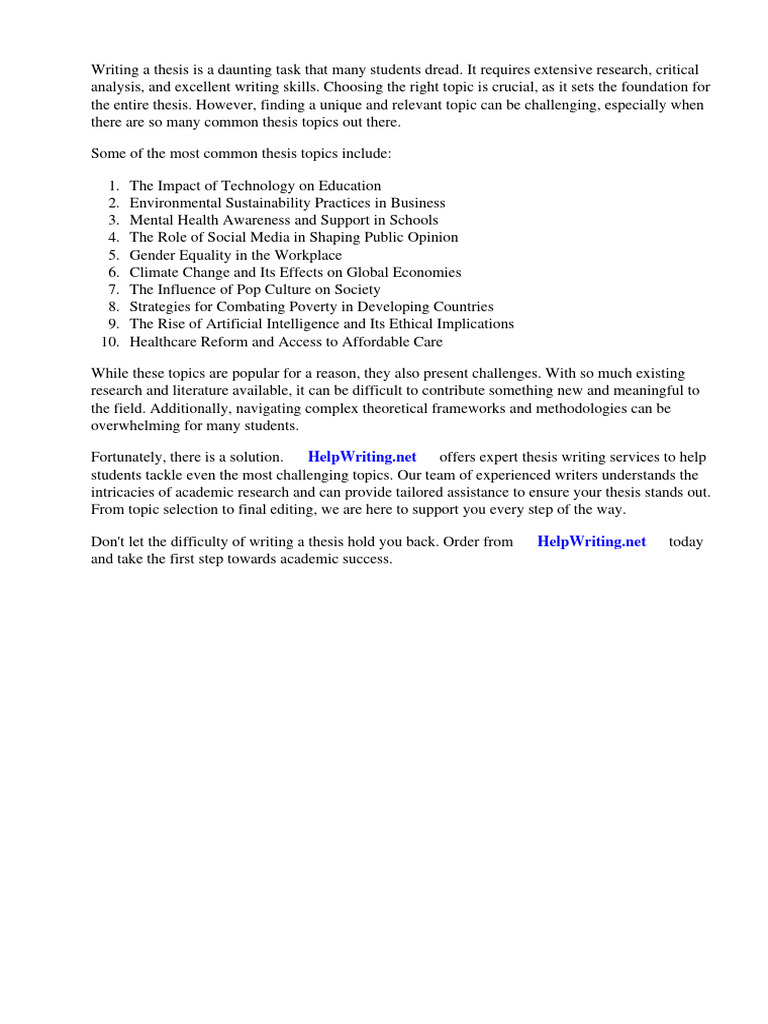 Most Common Thesis Topics | PDF | Thesis | Expert