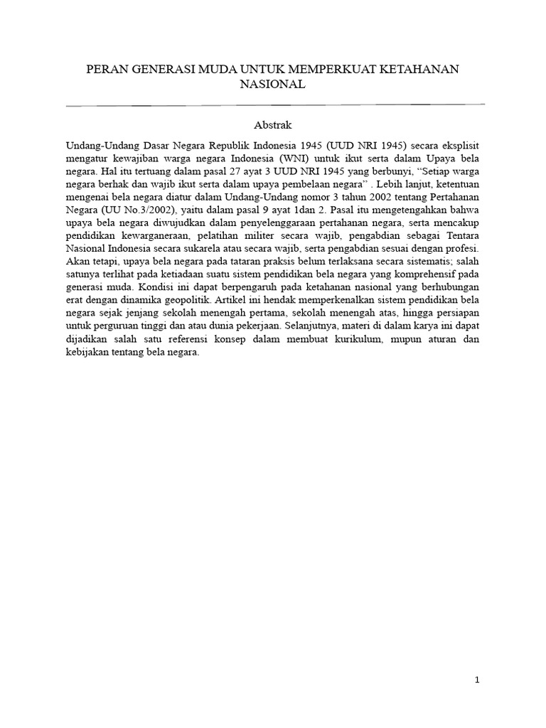 Peran Generasi Muda Untuk Memperkuat Ketahanan Nasional | PDF