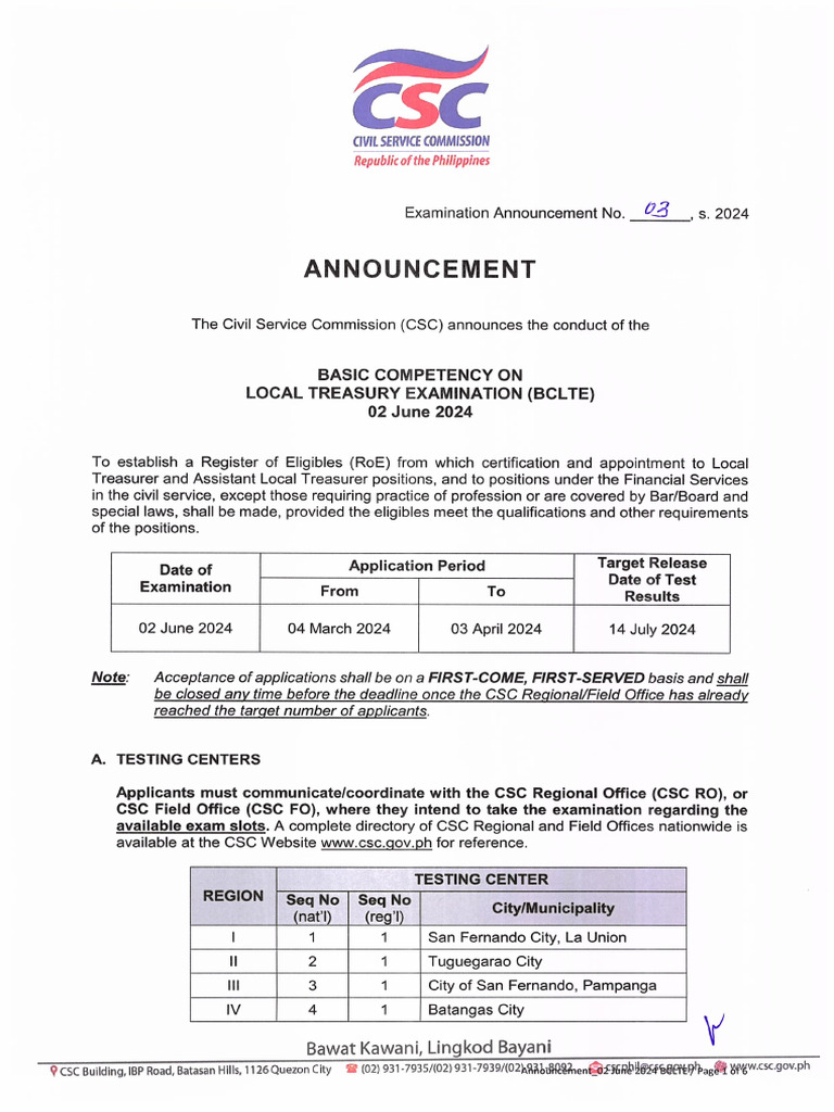 Exam Announcement 03s2024 - Conduct of BCLTE For CY 2024 | PDF