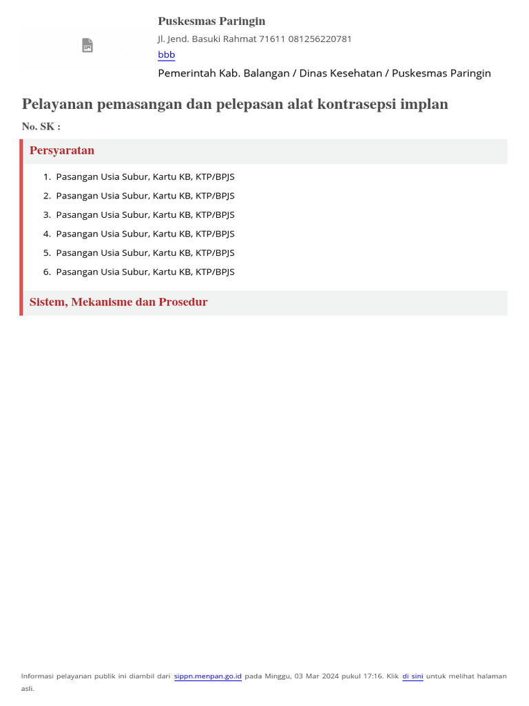 Biaya dan Prosedur KB Implan di Puskesmas | PDF