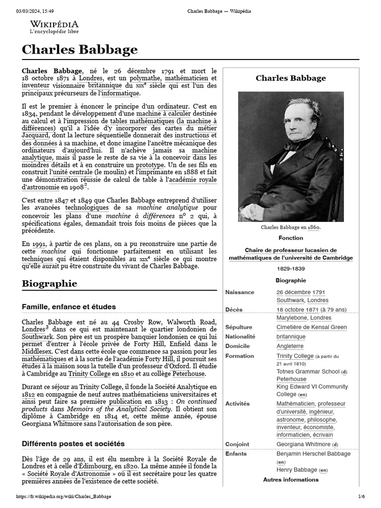 Charles Babbage: Biographie | PDF