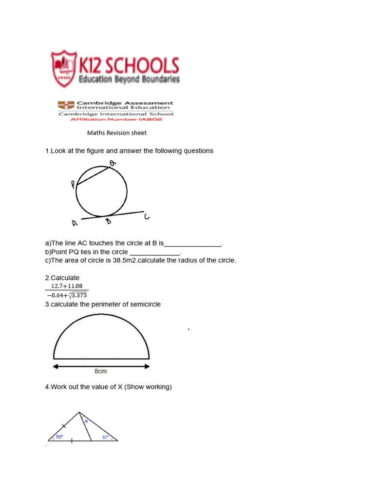 Maths Revision Sheet Grade 8 | PDF