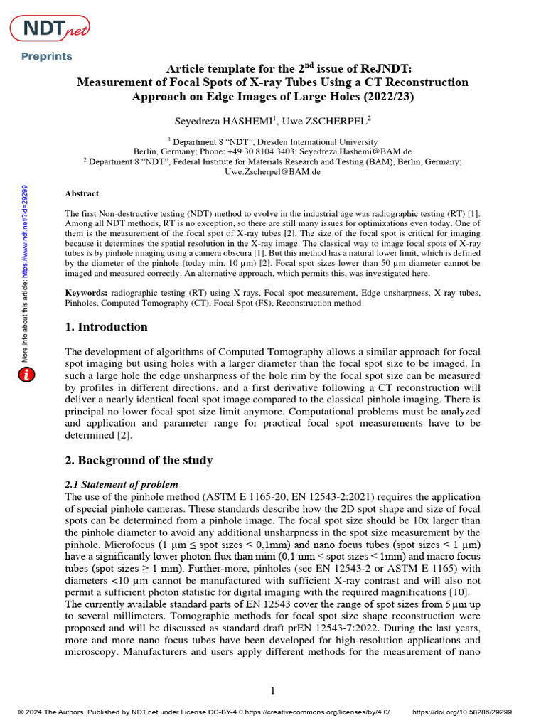 Measurement of Focal Spots of X-Ray Tubes Using A CT Reconstruction ...