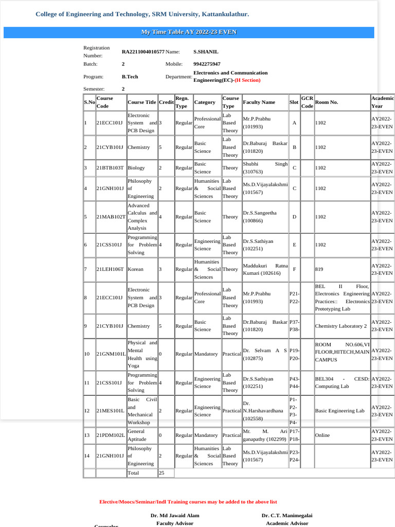 My Time Table 2022-23 | PDF