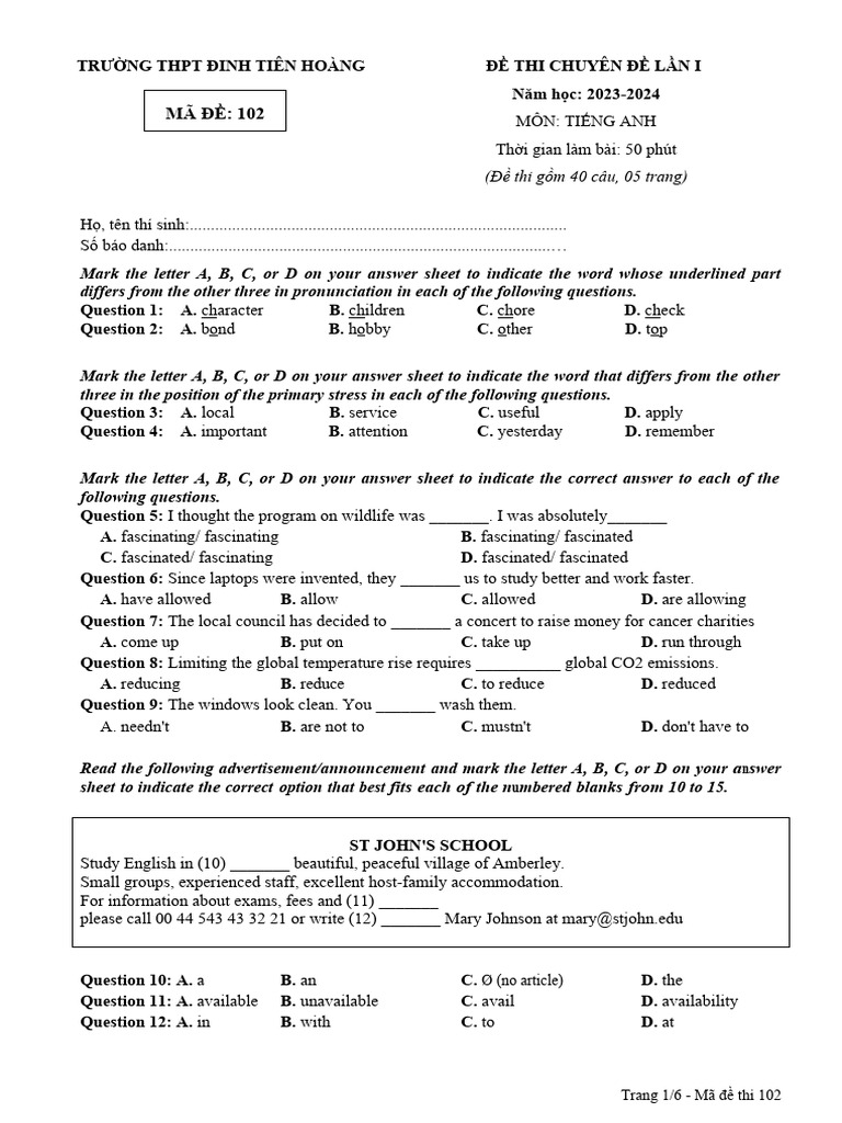 ANH - CĐ10 - 2-2024-Mã 102 | PDF | Hunting | Vacuum Cleaner