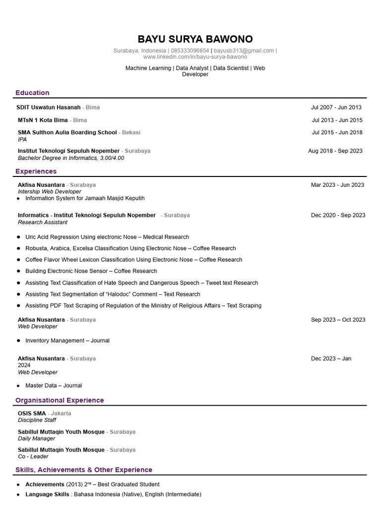 Bayu Surya Bawono - Machine Learning - Data - CV | PDF