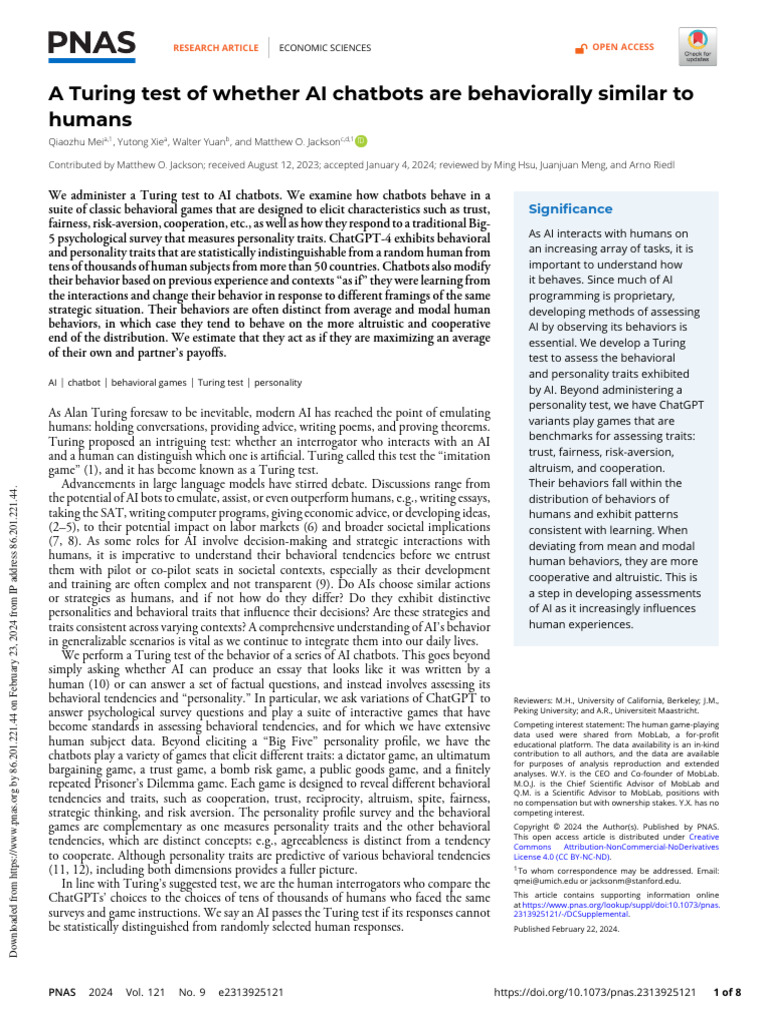 Mei Et Al 2024 A Turing Test of Whether Ai Chatbots Are Behaviorally ...