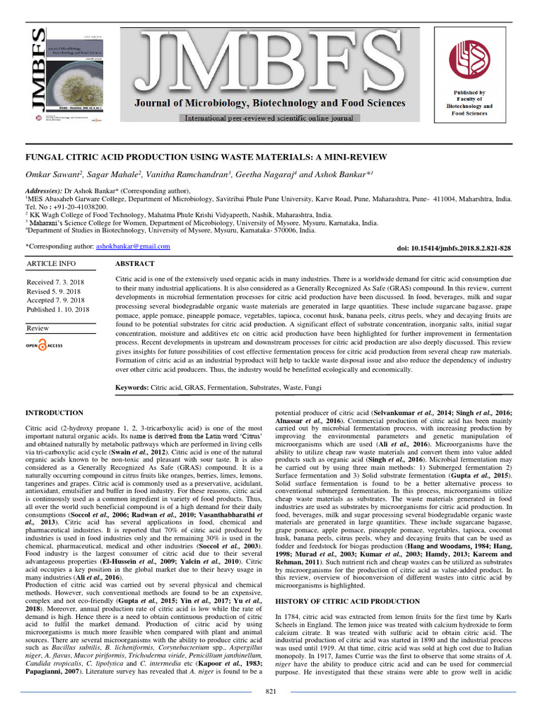 Fungal Citric Acid Production Using Wast | PDF | Fermentation | Sugarcane