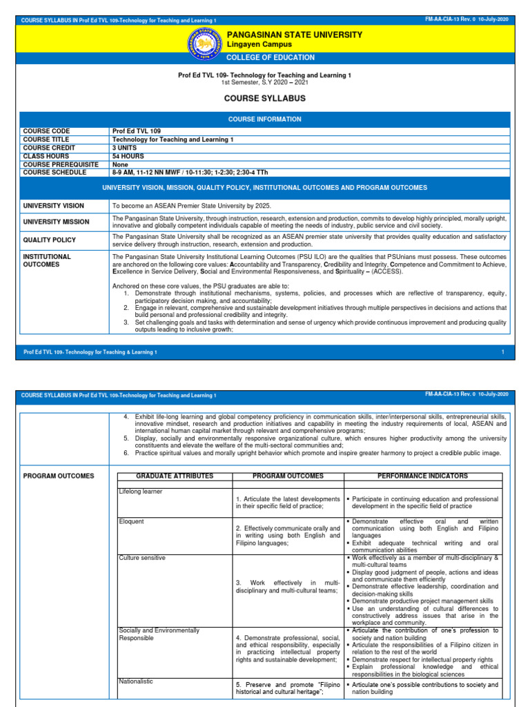 Syllabus in Prof Ed TVL 109-Technology For Teaching & Learning 1-1 ...
