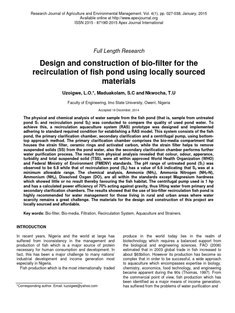 Design and Construction of Bio-Filter Recirculation System For Fish ...