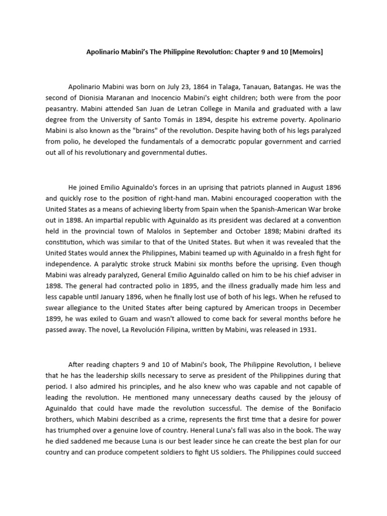 Apolinario Mabini's The Philippine Revolution: Chapter 9 and 10 ...
