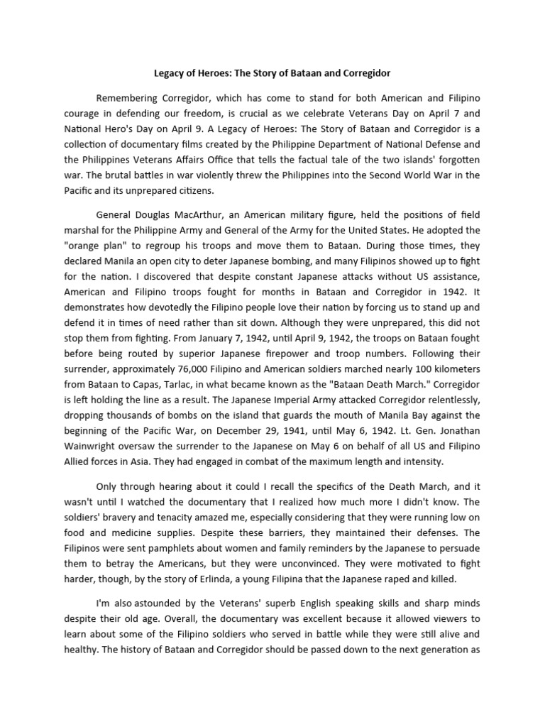 Legacy of Heroes The Story of Bataan and Corregidor - REFLECTION PAPER ...