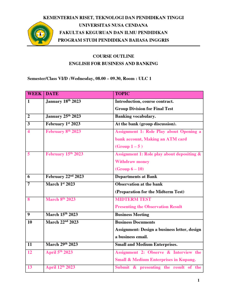 Contoh RPS Mata Kuliah English For Business and Banking | PDF | Banking ...
