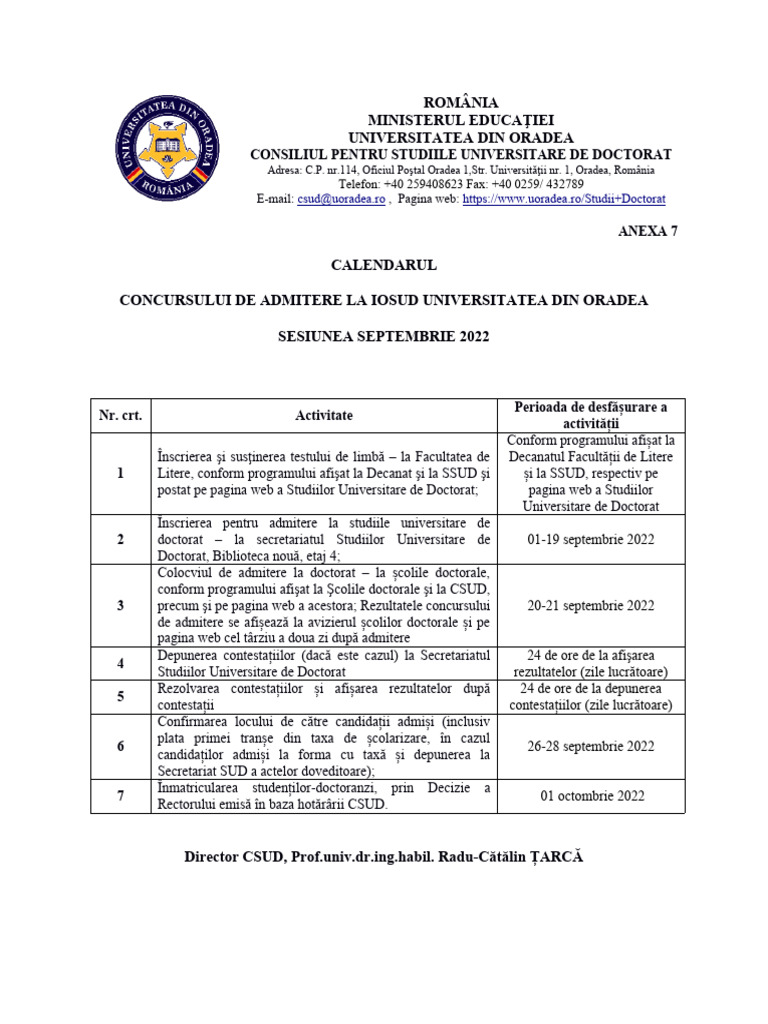 Anexa 7 - Calendar Admitere | PDF