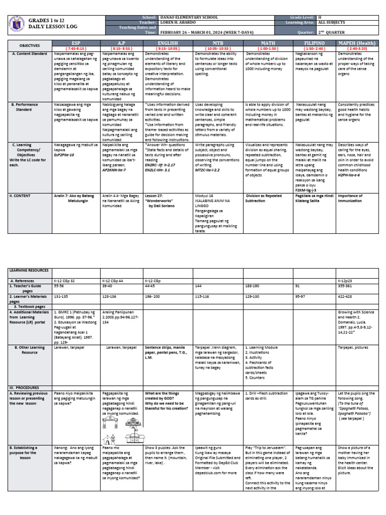 DLL - All Subjects 2 - Q2 - W7 - D4 | PDF | Cognition