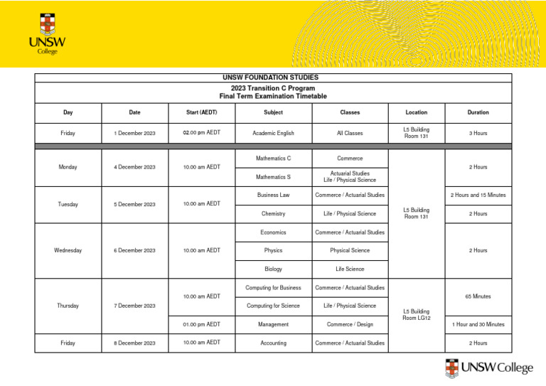 2023 Transition C Final Exam Timetable FINAL.01 | PDF | Science