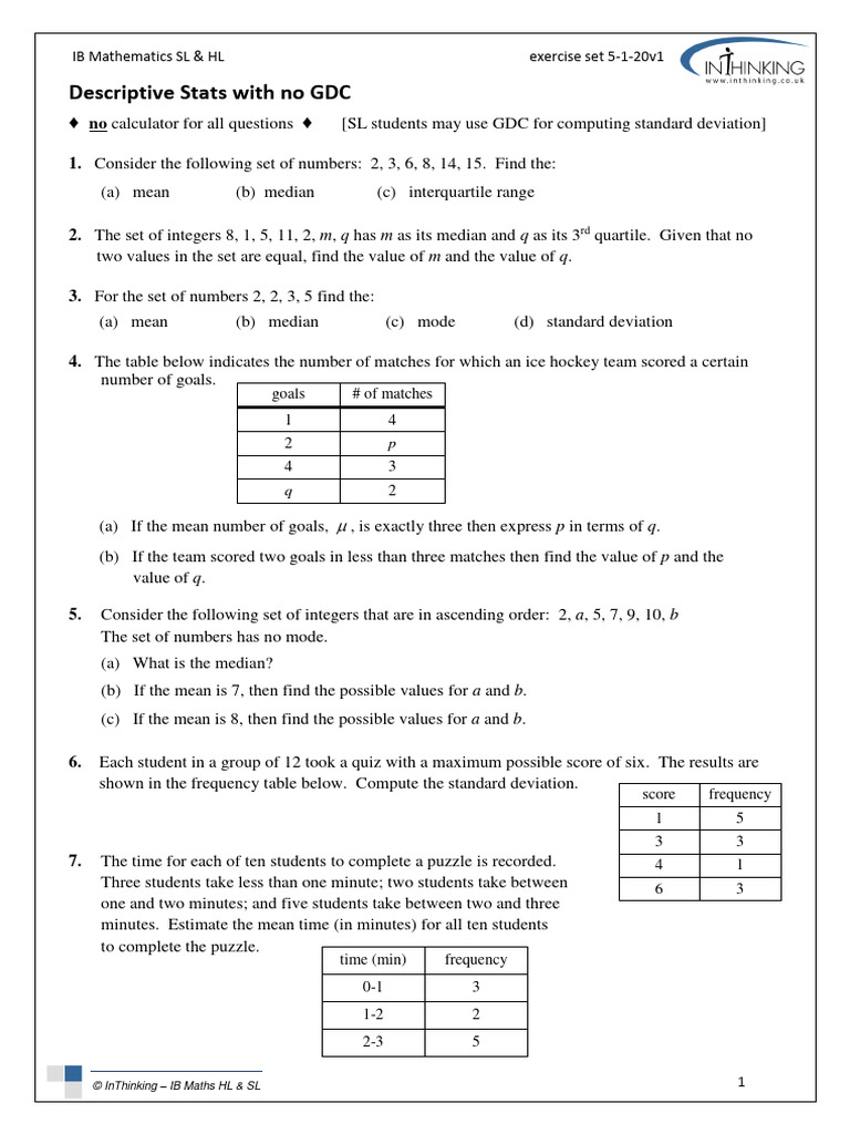 02 Descriptive Stats Exs 5-1-20 (SL HL) | PDF | Teaching Methods ...