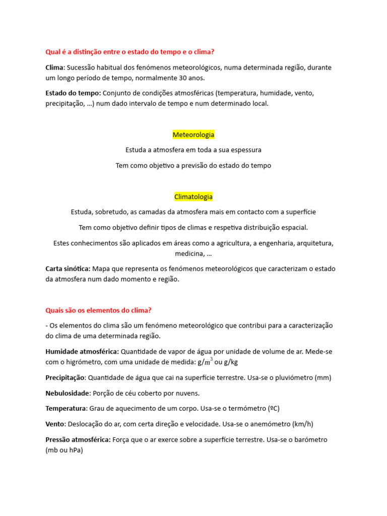 Diferença entre Clima e Estado do Tempo | PDF