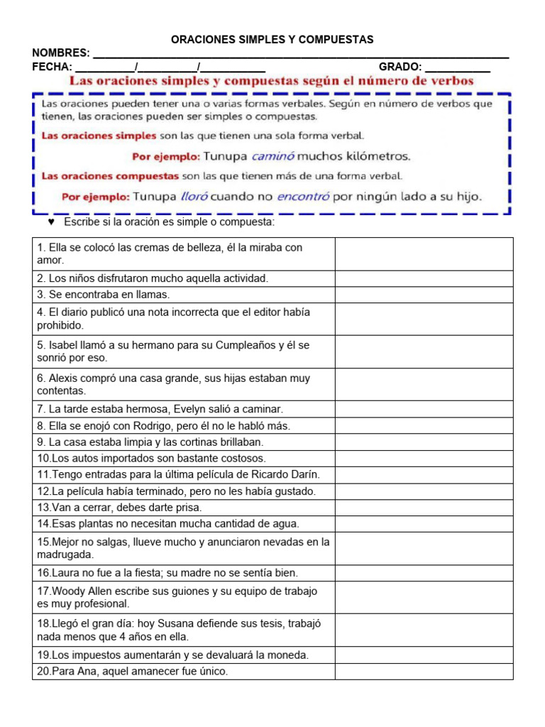 Identificación de Oraciones Simples y Compuestas | PDF | Cocina ...