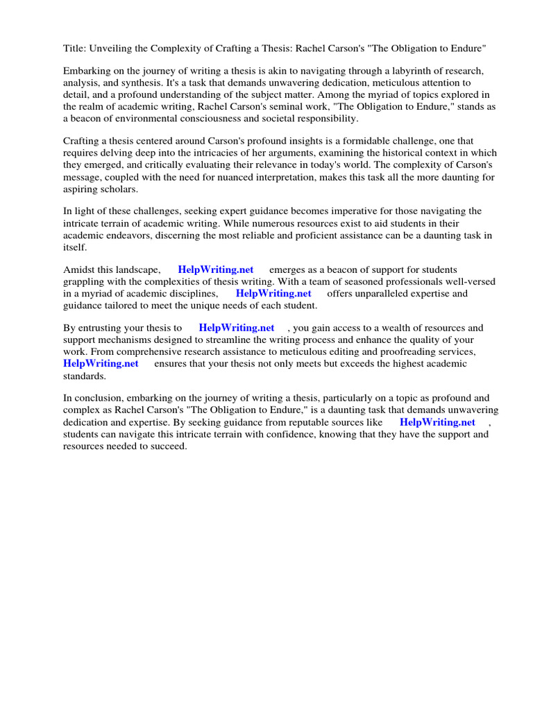 Rachel Carson The Obligation To Endure Thesis Statement | PDF