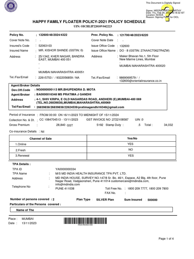 Happy Family Floater Policy Schedule | PDF